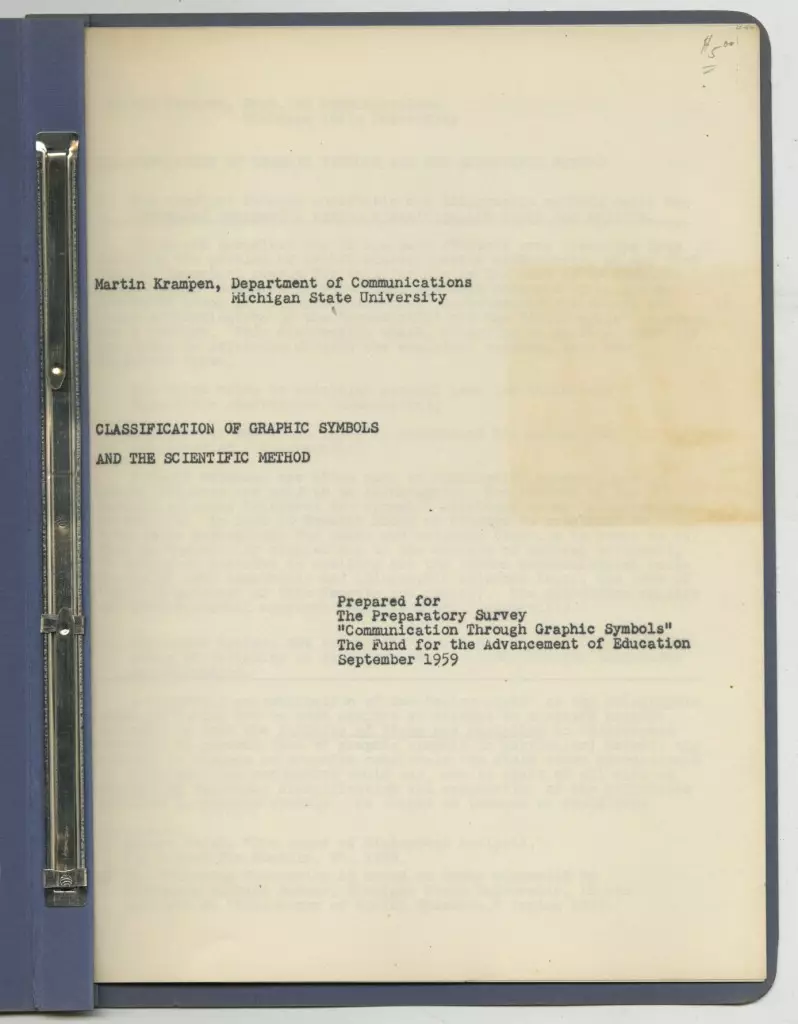 дакумент з калекцыі Модлі, напісаны ў 1959 годзе, «Класіфікацыя графічных знакаў і навуковы метад».