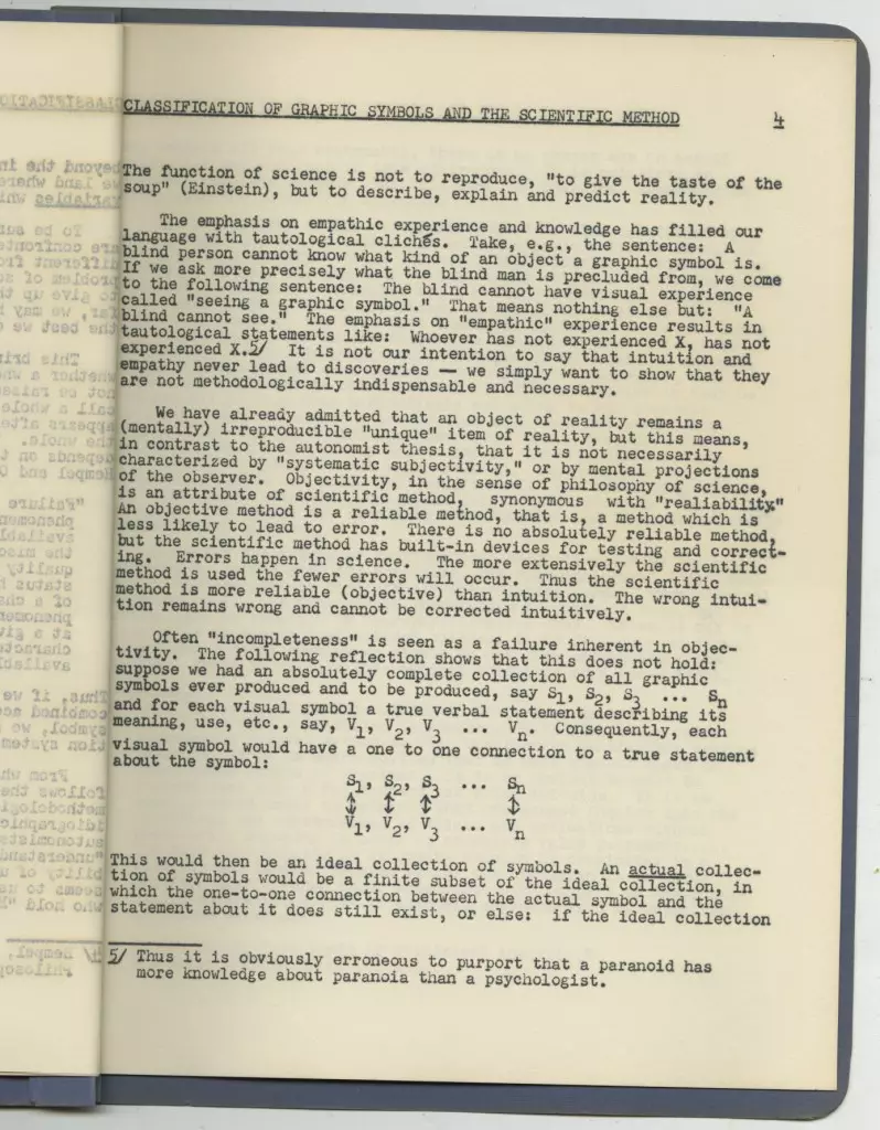 дакумент з калекцыі Модлі, напісаны ў 1959 годзе, «Класіфікацыя графічных знакаў і навуковы метад».