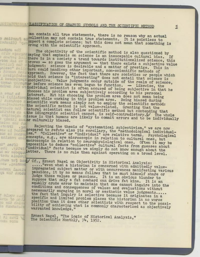 1959 yilda yozilgan Modli to'plamidan "Grafik belgilar tasnifi va ilmiy usul" hujjati.