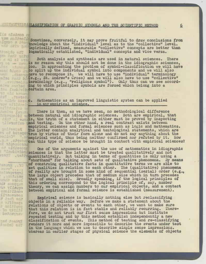 дакумент з калекцыі Модлі, напісаны ў 1959 годзе, «Класіфікацыя графічных знакаў і навуковы метад».