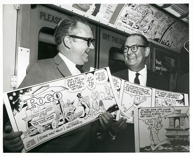 hagu: Walt Kelly. Jaridar Comics Council ad yaƙin neman zaɓe, 1962. New York Transit Museum NYCTA Photo Unit Collection