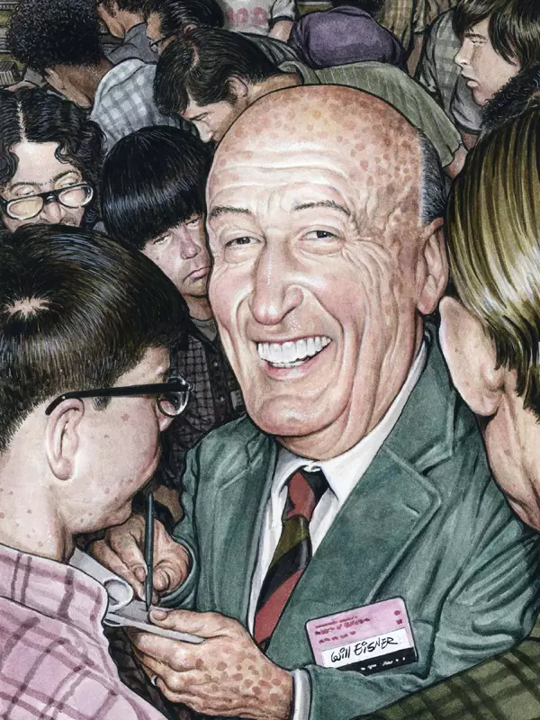 Mees, kes inspireeris Eisneri auhindade jagamist, on täpiline Friedmani juudi koomiksiga Liver Spots™ ja teda ümbritsevad tühjade silmadega fännipoisid.