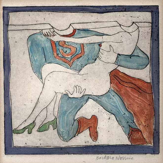 „Superman Carrying Girl with Green Shoes,“ úr seríunni „Coney Island in the Winter,“ 1963. Eintýpa æting; handlitað með olíu. Í safni Victoria og Albert safnsins