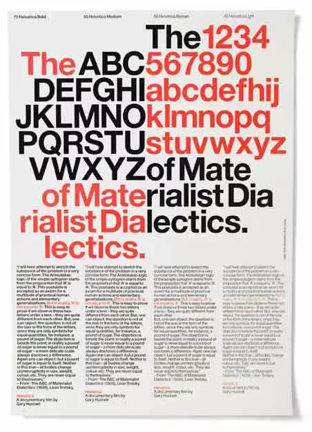 Experimental Jetset, plakāts “Materiālisma dialektikas ABC” (2006). Paredzēts Plexifilm kā līdzekļu vākšanas līdzeklis Gerija Hastvita dokumentālajai filmai Helvetica. A2 izmēra, augstspiediena druka.