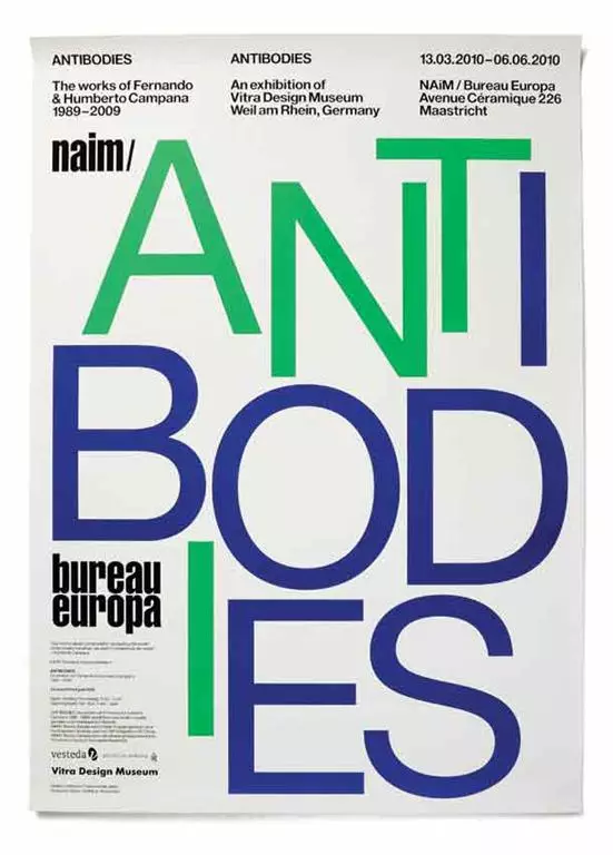 Experimental Jetset, plakāts “Antivielas” (2010). Paredzēts NAiM/Bureau Europa. Sietspiede, A0 izmērs.