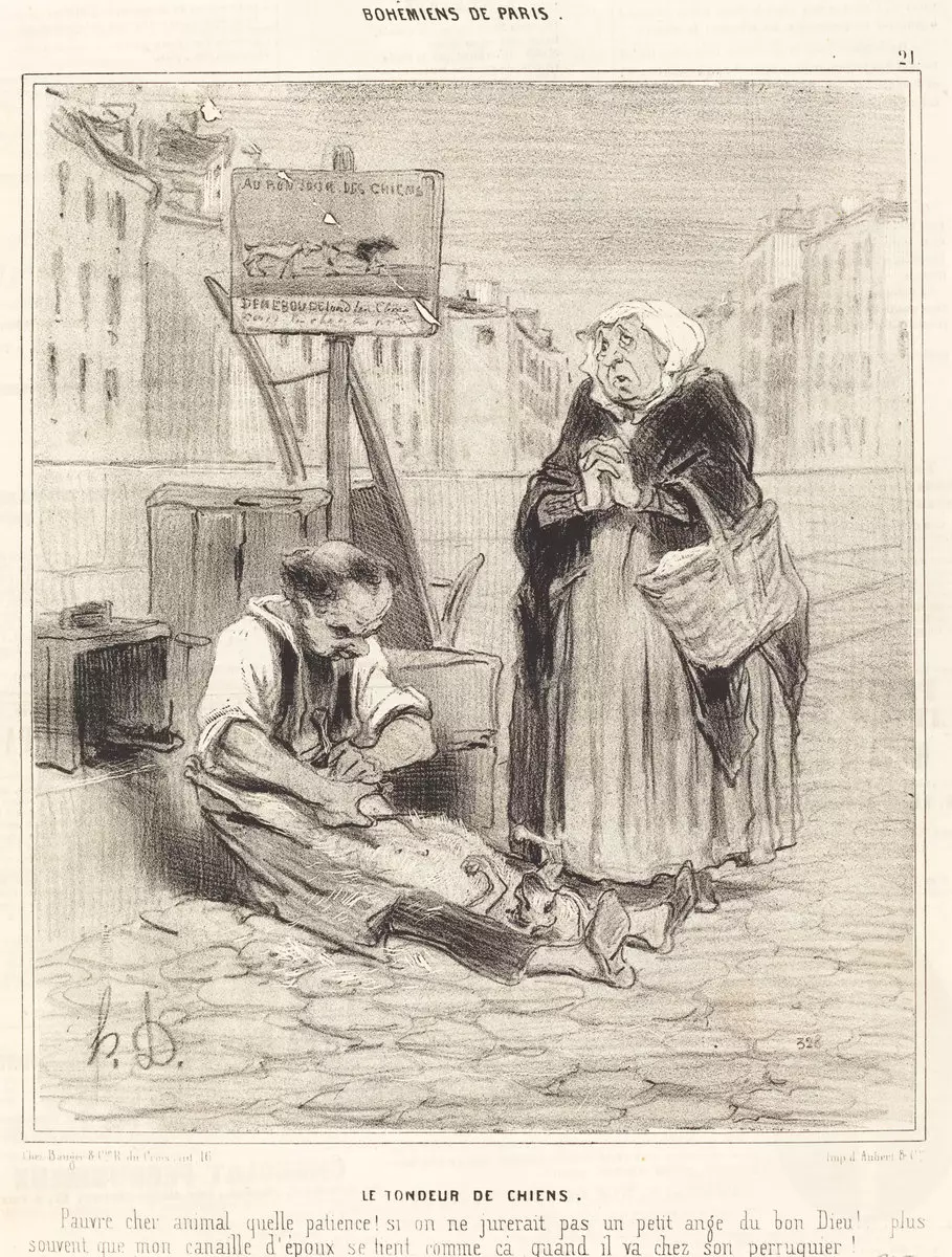 Honoré Daumier (francês, 1808 - 1879 ), Le Tondeur de chiens, 1842, litografia sobre papel de jornal, Ailsa Mellon Bruce Fund 1979.49.40 Da National Gallery of Art
