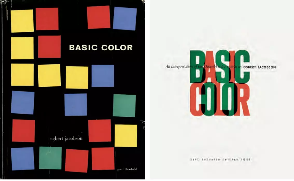 Morton Goldsholl，Egbert Jacobson 的 Basic Color 的防塵套和扉頁。 Paul Theobald & Company，1948 年。由 Display, Graphic Design Collection 提供。