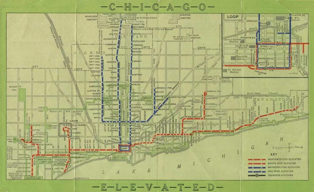 Un mapa de 1913 del sistema elevado de Chicago