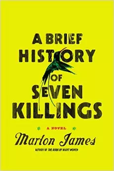 Itan kukuru kan ti Awọn ipaniyan meje nipasẹ Marlon James gba Ẹbun Booker 2015. Awọ awọ ofeefee acid rẹ baamu koko-ọrọ àmúró.