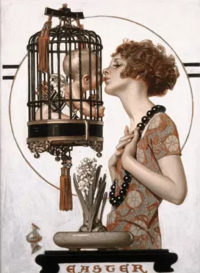 J. C. Leyendecker，《親吻丘比特的女人》，1923 年。布面油畫，27-1/2 x 22-1/4 英寸。