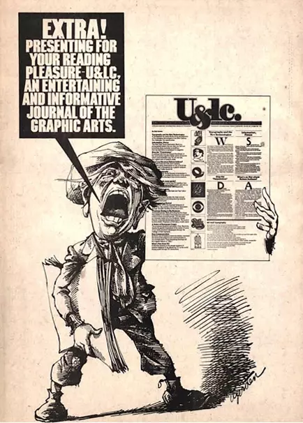 Страна која го промовира лансирањето на U&lc, 1973 година, со цртеж со пенкало и мастило од Гери Герштајн, еден од омилените илустратори на Херб. Дизајн: Херб Лубалин, продукција: Елен Шапиро. Машината на екранот му дозволи на Херб навистина да ги спакува тие букви.