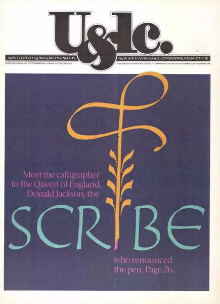 غلاف عدد نوفمبر 1988 الذي يظهر عمل دونالد جاكسون ، خطاط ملكة إنجلترا. التصميم: إلين شابيرو ، إنتاج: إيلين ستريزفر.
