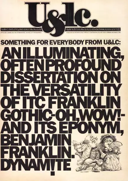 ITC Franklin Gothic 的介紹巧妙地展示了有關本傑明富蘭克林的事實，並展示了字體剪裁以實現完美合理的字體塊和懸掛標點符號，甚至低於基線。設計：Herb Lubalin，製作：Jason Calfo。