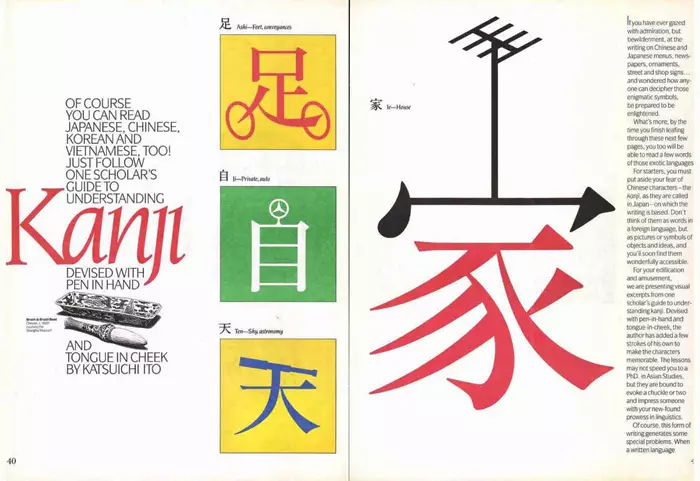 Katsuichi Ito এর বাতিক কাঞ্জির একটি ছয়-পৃষ্ঠার রঙের বৈশিষ্ট্য 1988 সালে ITC Novarese চালু করেছিল। ডিজাইন: এলেন শাপিরো, প্রযোজনা: ইলেন স্ট্রিজভার
