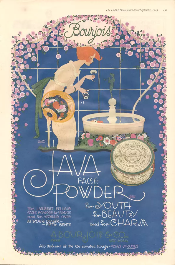 Spotprenttekenaar Ralph Barton se werk vir Java Face Powder, 1907.