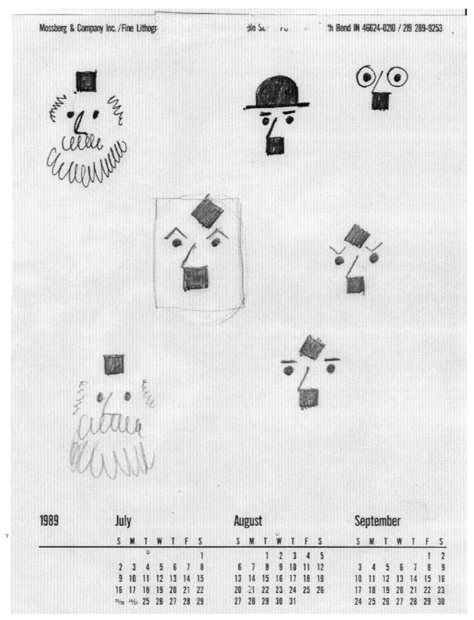 Hommage un e Quadrat um Dréckerkalenner. Chaplin, Hitler a méiglecherweis e Rabbiner mat Phylakterie um Kapp.