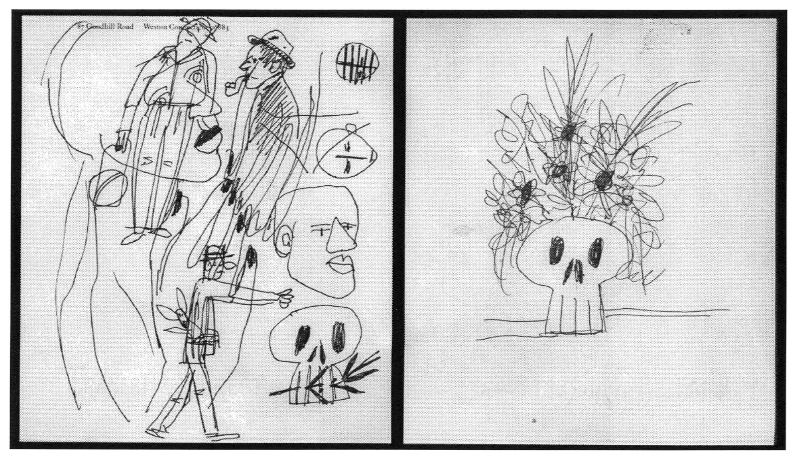 Ball point pen sketsen fan minsken, ynklusyf skull kauwen op in laurierblêd brûkt foar in 1968 anty-oarloch poster.