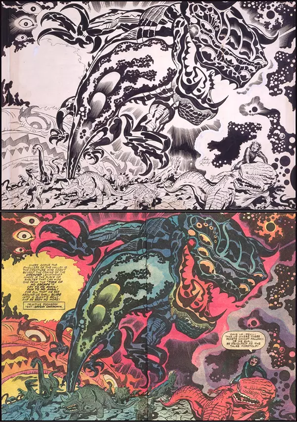 Devil Dinosaur #4，1978 年。Jack Kirby：鉛筆，Mike Royer：墨水和字母。