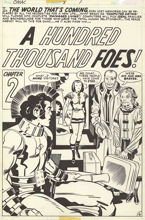 OMAC #3, 1975. ਜੈਕ ਕਿਰਬੀ, ਪੈਨਸਿਲ। D. ਬਰੂਸ ਬੇਰੀ, ਸਿਆਹੀ ਅਤੇ ਅੱਖਰ।