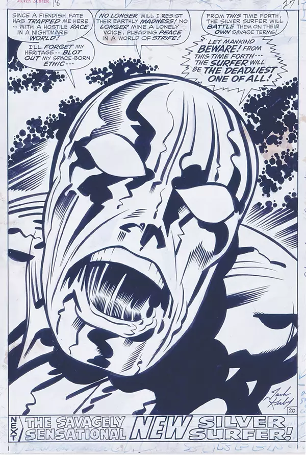 Silver Surfer #18, 1970. Jack Kirby: pencils, Herb Trimpe: inks, Sam Rosen: akwụkwọ ozi.