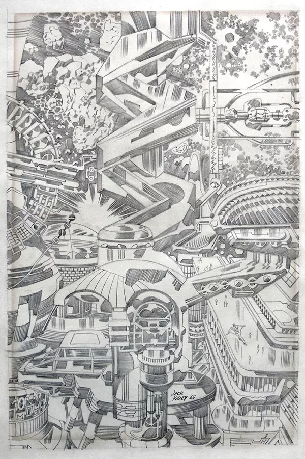 Fantastyczny pejzaż miejski, 1966. Jack Kirby: rysunek ołówkiem.