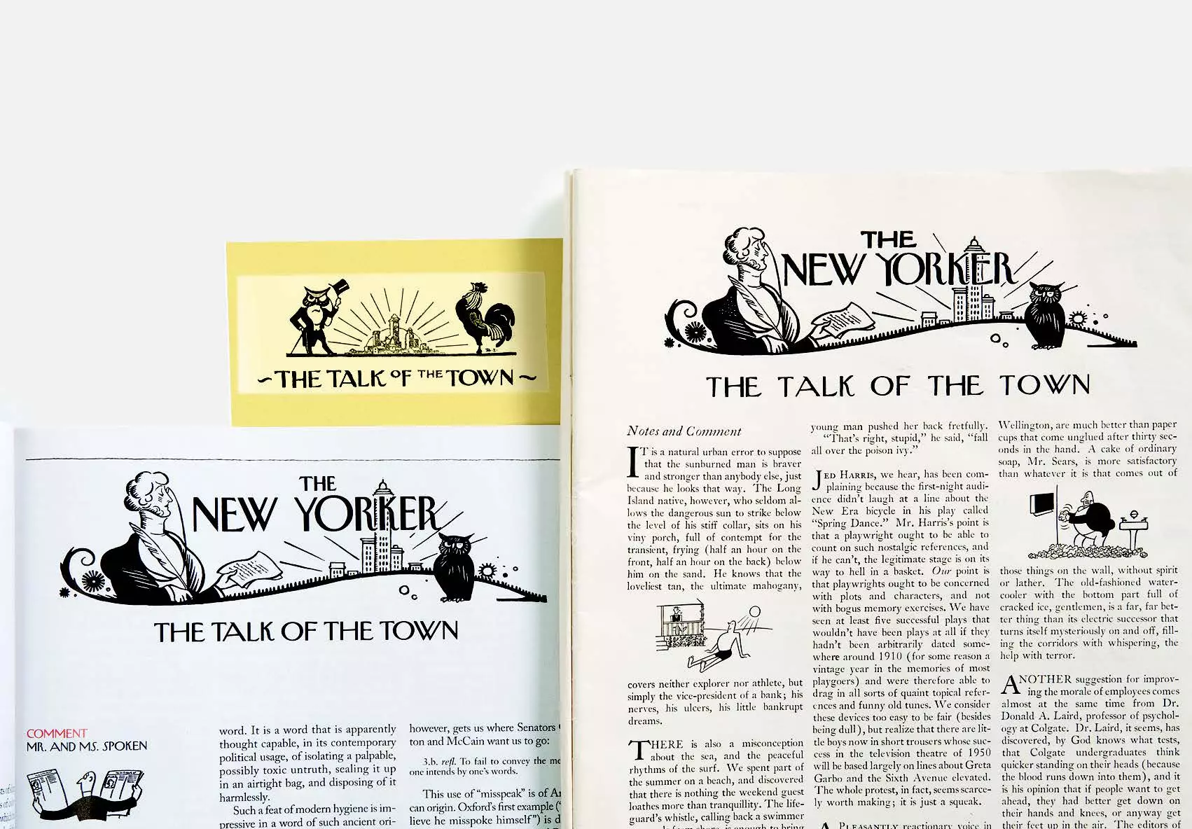 Tatlong pagkakatawang-tao ng disenyo ng Talk of the Town, mula sa logo ni Irvin noong 1925 (kaliwa sa itaas), hanggang sa layout noong 1936 (kanan), hanggang sa kasalukuyang bersyon.