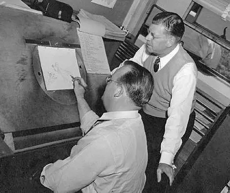 Piemērs, kas nofotografēts MGM, iepriekš redzamajam stabiņam, ko izmanto animācijas režisors Tekss Eiverijs, kamēr producents Freds Kvimbijs skatās