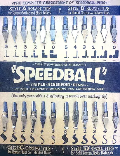 A ojoun ṣeto ti Speedball pen nibs.