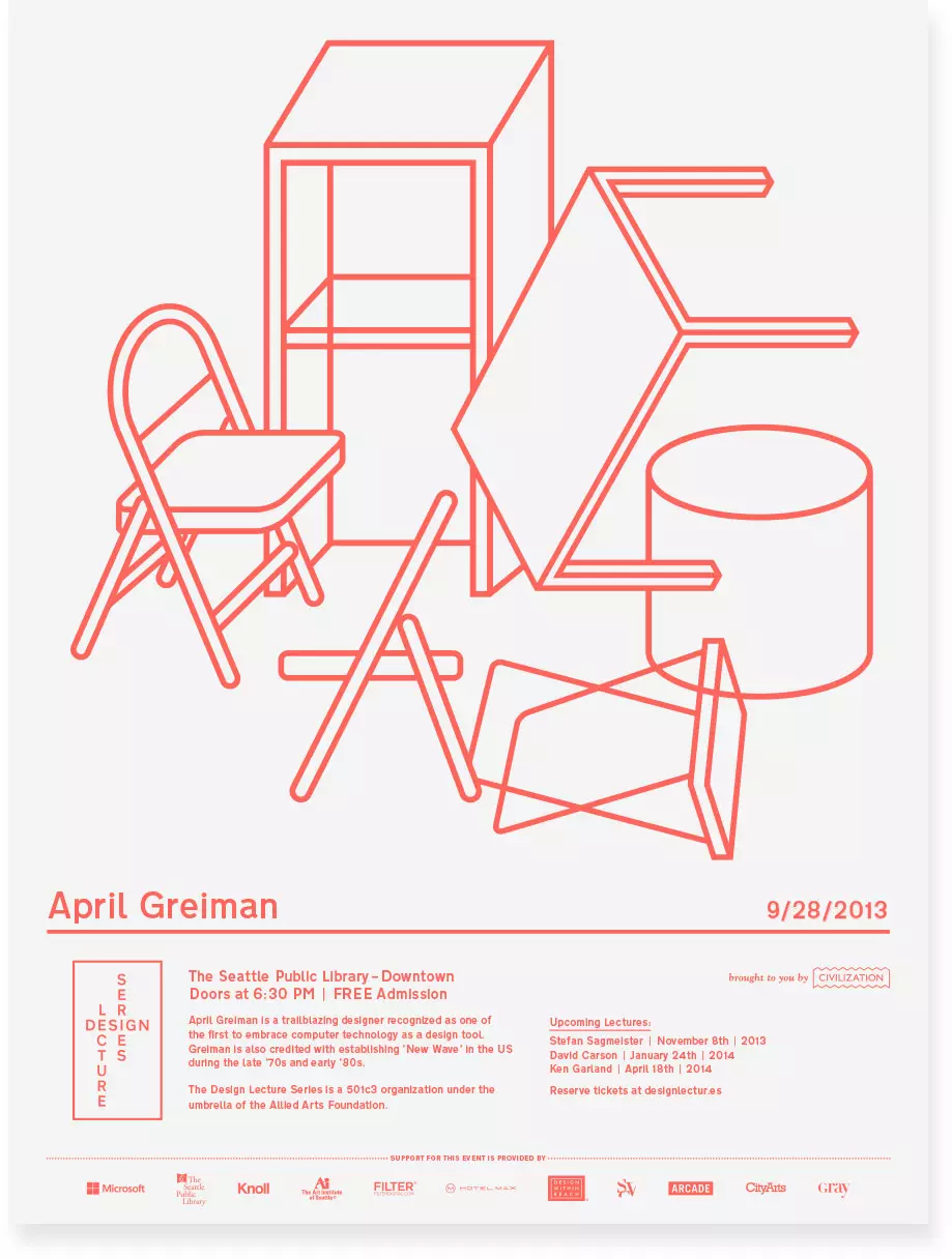 Cartaz da Design Lecture Series para a primeira temporada de palestras de April Greiman pela empresa de design de Seattle Civilization