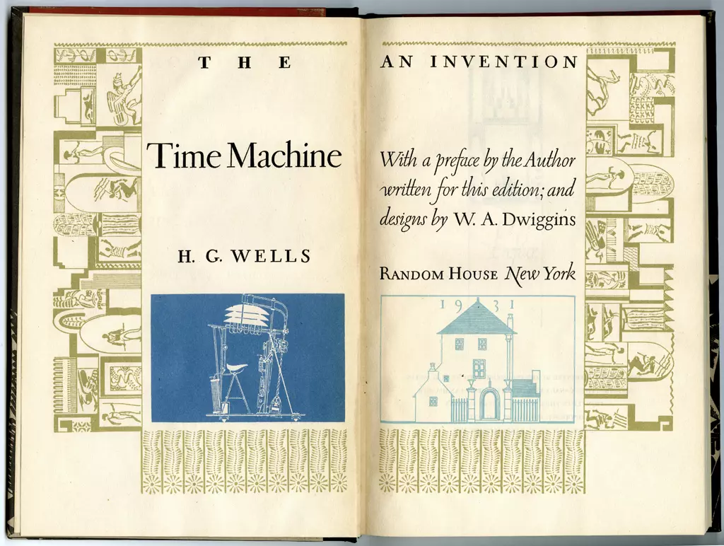 Разпространение на заглавна страница от „Машината на времето“ от H.G. Wells. Дизайн, надписи, илюстрации и орнаменти от W.A. Dwiggins. (С любезното съдействие на Центъра за изследване на Херб Любалин по дизайн и типография, Cooper Union.)