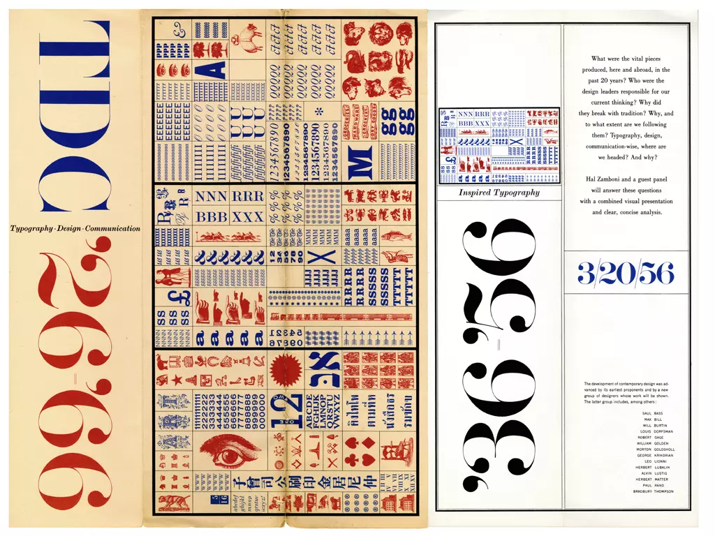 TDC '26-'66 系列講座公告。 Herb Lubalin 設計，John Pistilli 刻字。 （由庫珀聯盟的 Herb Lubalin 排版與設計研究中心提供。）