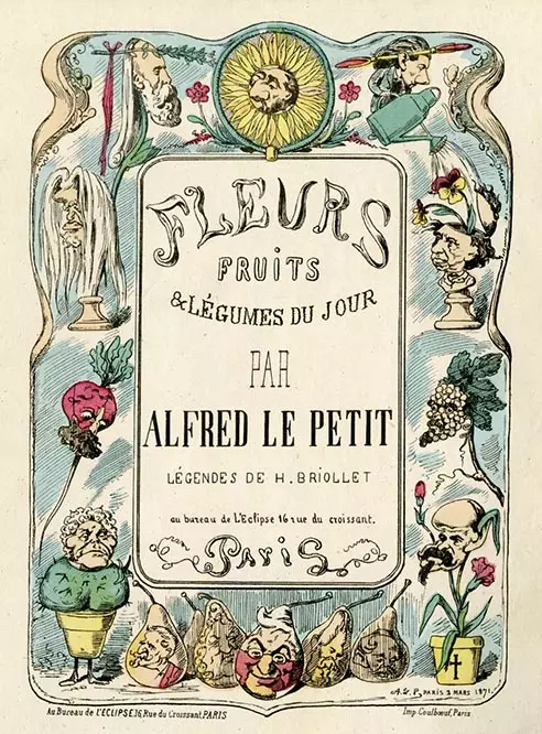 1871 елдан Альфред Ле Петитның (1841-1909) карикатура басмалары фолиосы, Флурс, Фрукта & Легумес дю Жур.