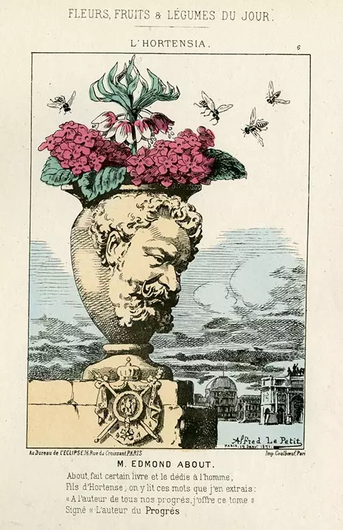 Fleurs, Mkpụrụ osisi na Légumes du Jour, mbipụta nke caricature nke Alfred Le Petit (1841-1909) sitere na 1871