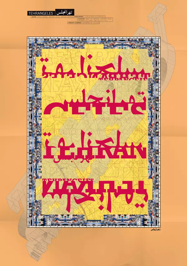 Pouya Jahanshahi: Teherangeles, 2011. „Tehrangeles ist ein Stadtteil von West Los Angeles. Es ist die Heimat der größten Gemeinschaft der iranischen Diaspora. Hier feiert die metaphorische Form eines persischen Teppichs – als Karte – die Strukturen, die verschiedene Generationen und Dimensionen der iranischen Kultur in diesem einzigartigen geografischen Gebiet beherbergen. Auf einer typo-linguistischen Dimension werden persische und englische typografische Formen gebrochen und miteinander verschmolzen. Dies bezieht sich auf die Mischsprache, die in der gesamten Umgebung von Teherangeles zu hören ist und manchmal als „P-Englisch“ bezeichnet wird.“