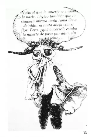 Slika 15—Ilustracija Gerarda Cantúja iz otroške knjige Francisca y la Muerte. Založnik: Consejo Nacional de Fomento Educativo, 1979, Mexico City. Reproducirano z dovoljenjem mehiškega Secretaría de Educación Publica, Dirección General de Publicaciones Y Bibliotecas.