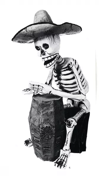 Fig. 4—Papier-machè-sculptuur van een skeletdrummer door Pedro Linares. Met dank aan UCLA Museum voor Culturele Geschiedenis; fotograaf: Antonia Graeber