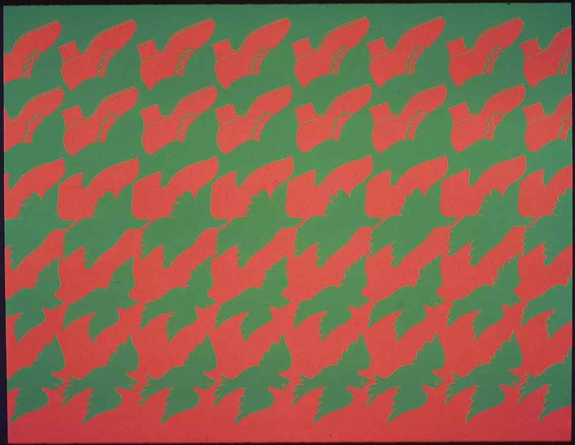 Escher-lignende mønstergrafikk Deborah Sussman designet for standardsko, 1970. Sussman/Prejza