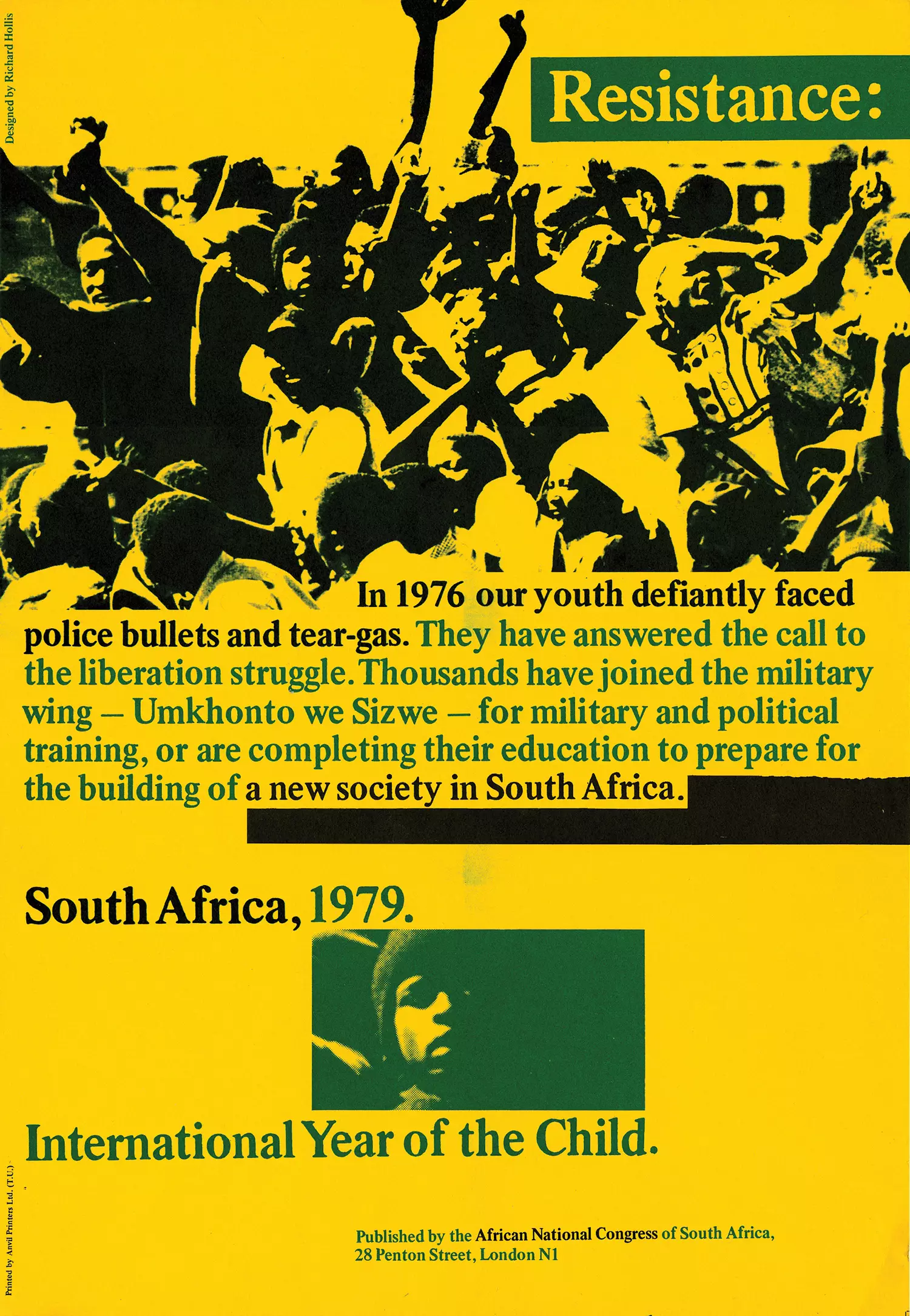 Unul dintre cele șase afișe create de Richard Hollis pentru Anul Internațional al Copilului al Congresului Național African, 1979. Congresul Național African